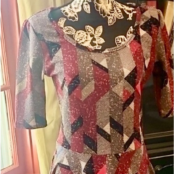 Lularoe Dresses Lularoe Black White Pink Scoop Neck Fitted Top Flared Bottom Midi Dress L